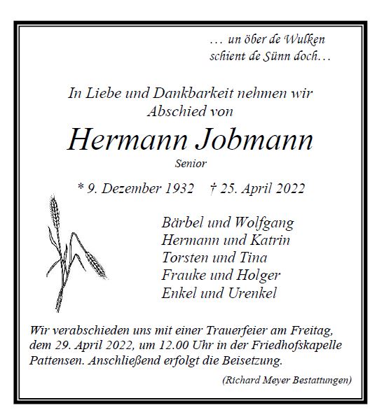 Traueranzeige: † 25. April 2022, Hermann Jobmann