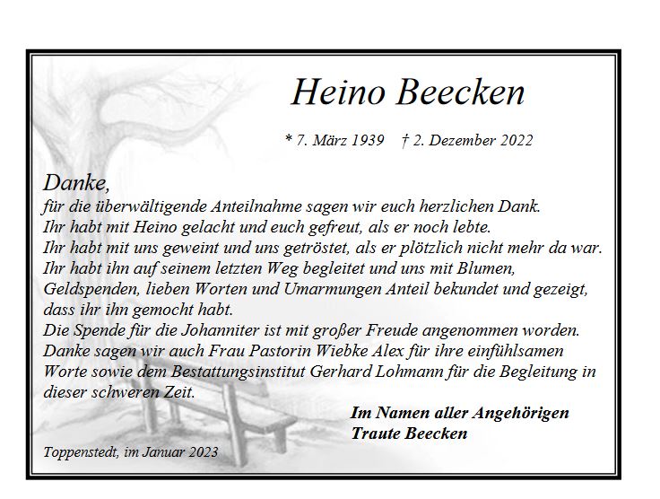 Traueranzeige: † 2. Dezember 2022, Heino Beecken