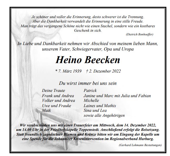 Traueranzeige: † 2. Dezember 2022, Heino Beecken