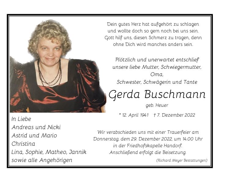 Traueranzeige: † 7. Dezember 2022, Gerda Buschmann, geb. Heuer