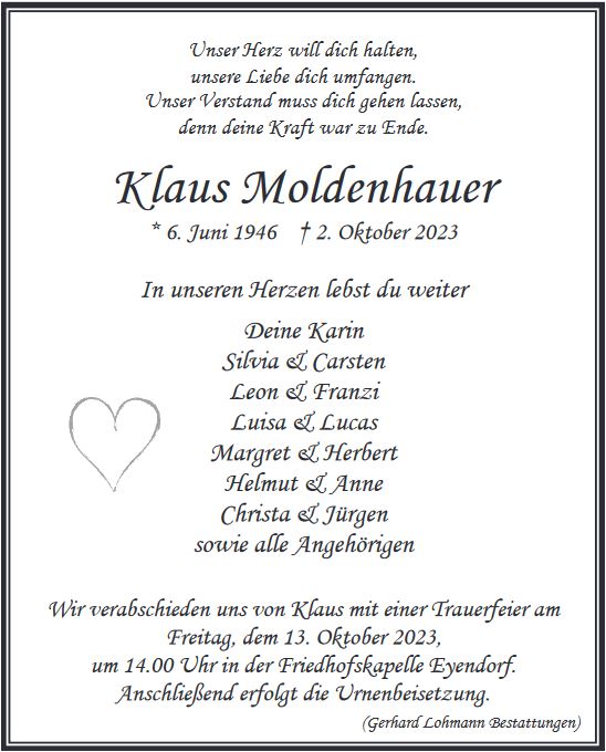 Traueranzeige: † 2. Oktober 2023, Klaus Moldenhauer