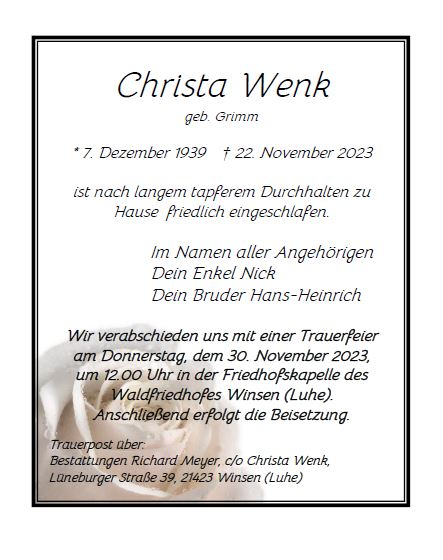 Traueranzeige: † 22. November 2023, Christa Wenk, geb. Grimm