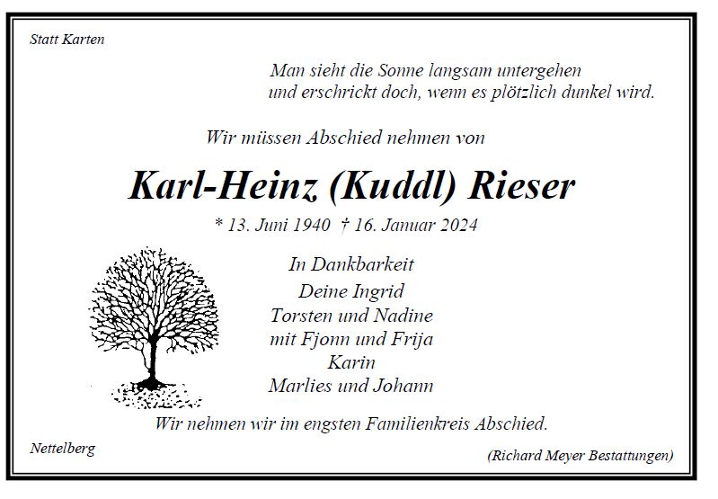 Traueranzeige: † 16. Januar 2024, Karl-Heinz (Kuddel) Rieser