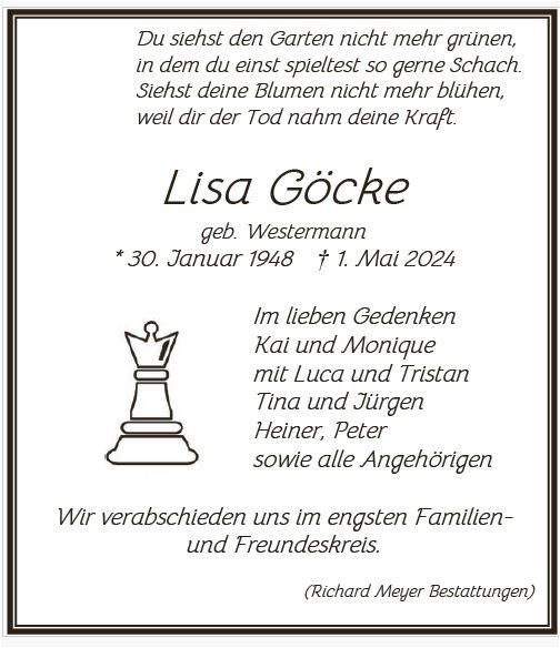 Traueranzeige: † 1. Mai 2024, Lisa Göcke, geb. Westermann