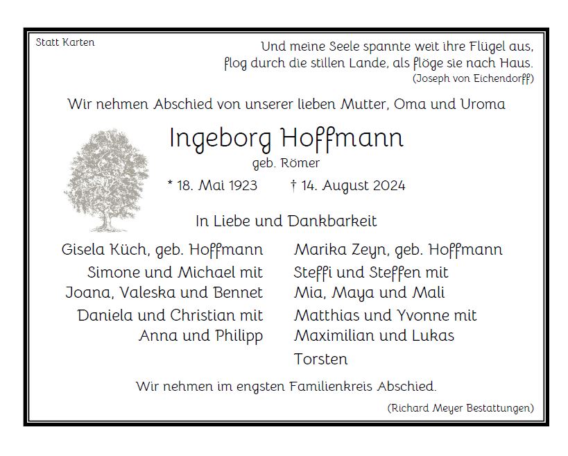 Traueranzeige: † 14. August 2024, Ingeborg Hoffmann, geb. Römer