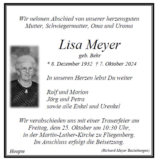 Traueranzeige: † 7. Oktober 2024, Lisa Meyer