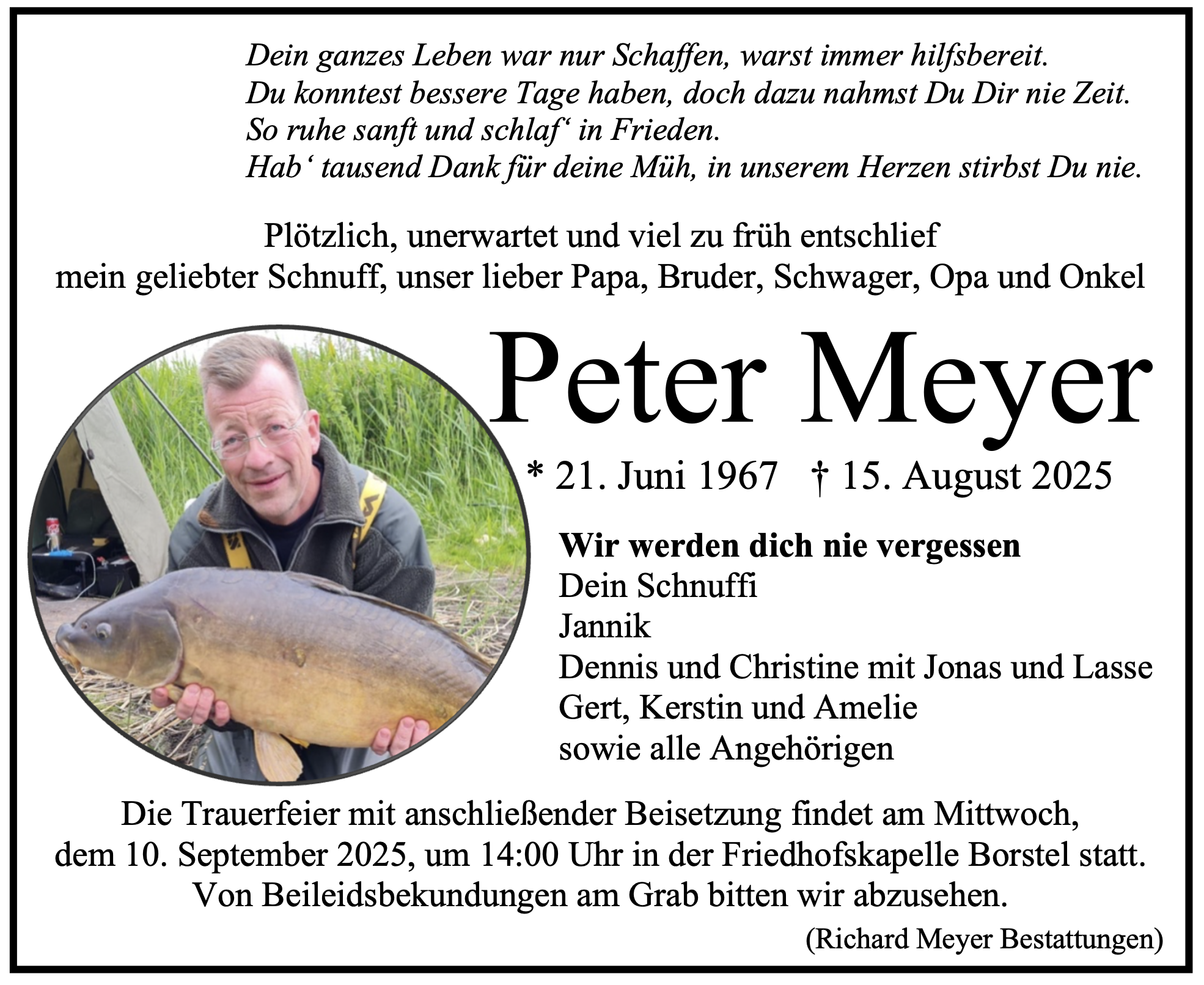 Traueranzeige: † 15. August 2025, Peter Meyer