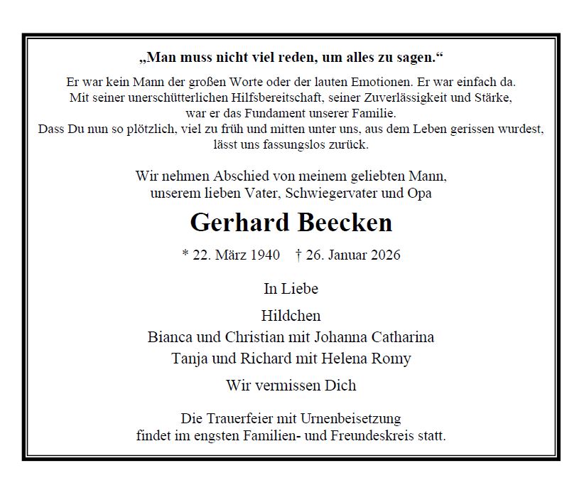 Traueranzeige: † 26. Januar 2026, Gerhard Beecken